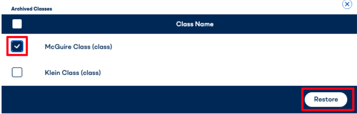 How can I view and restore archived classes on my Admin Dashboard?