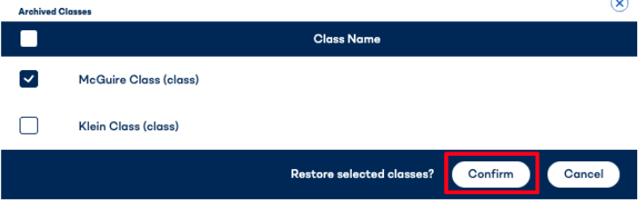How can I view and restore archived classes on my Admin Dashboard?